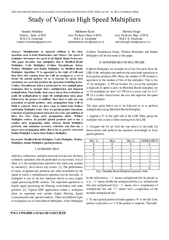 (PDF) Study of Various High Speed Multipliers