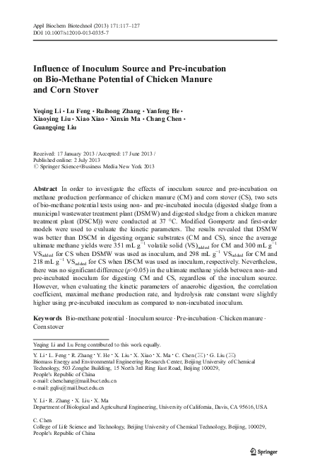 (PDF) Influence of Inoculum Source and Pre-incubation on Bio-Methane ...
