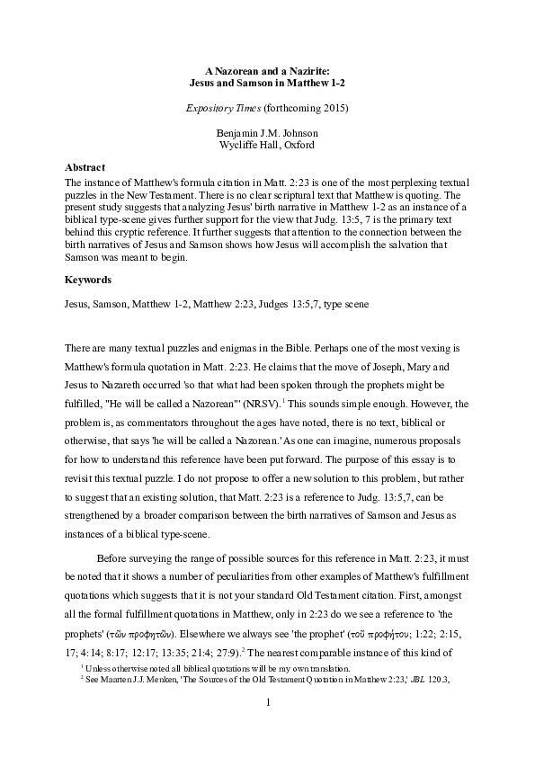 (PDF) A Nazorean and a Nazirite: Jesus and Samson in Matthew 1-2