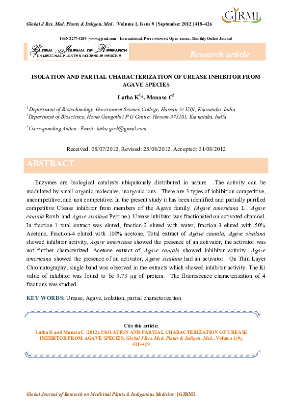 (PDF) ISOLATION AND PARTIAL CHARACTERIZATION OF UREASE INHIBITOR FROM ...