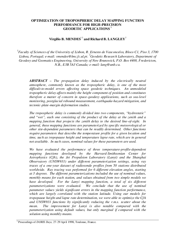 (PDF) Optimization of tropospheric delay mapping function performance for high-precision ...