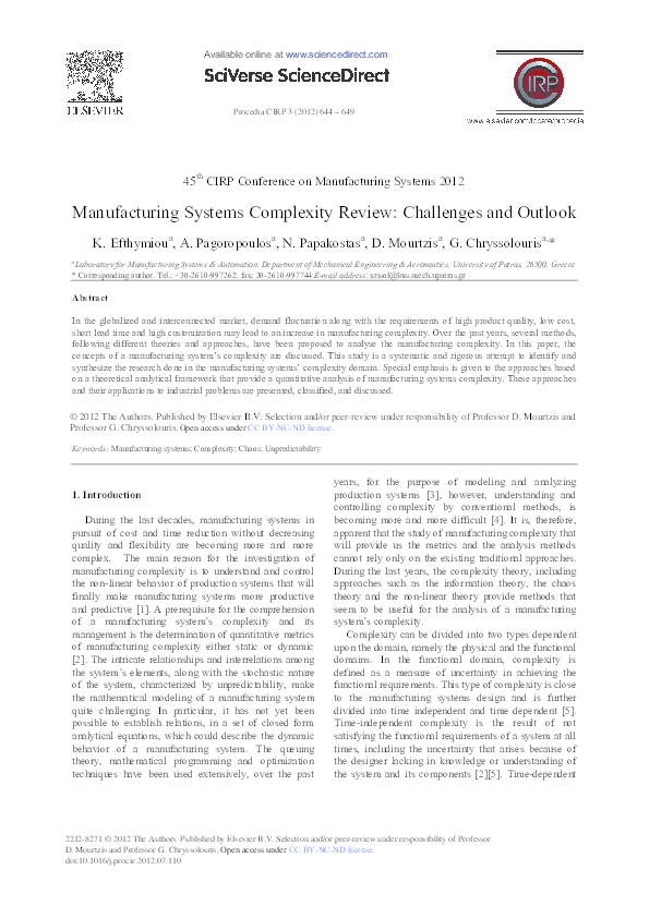 (PDF) Manufacturing Systems Complexity Review: Challenges and Outlook