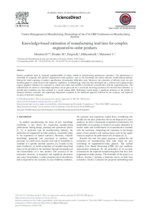 (PDF) Knowledge-based estimation of manufacturing lead time for complex engineered-to-order products