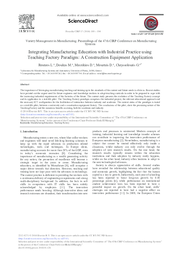 (PDF) Integrating Manufacturing Education with Industrial Practice ...
