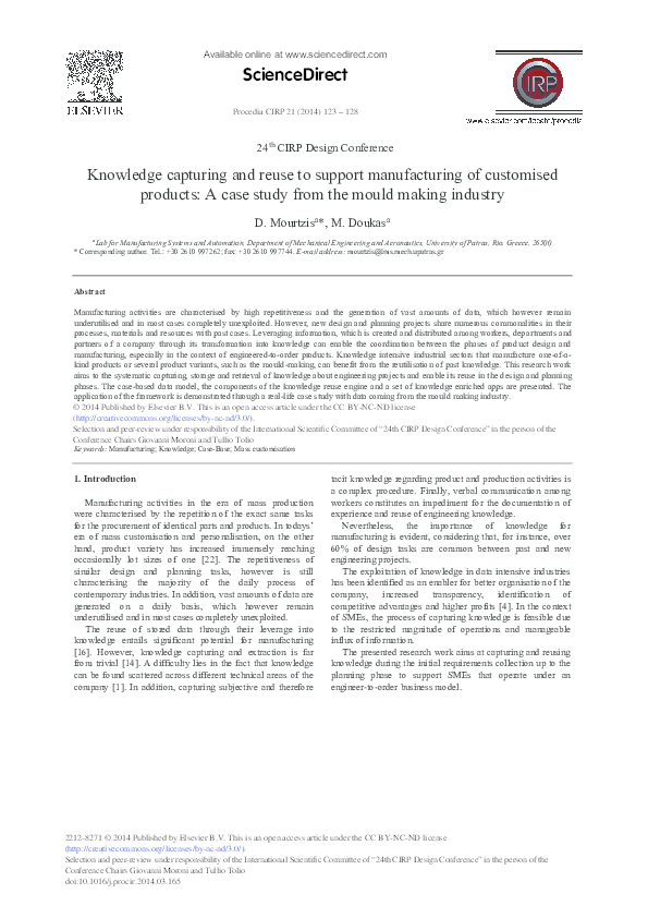 (PDF) Knowledge capturing and reuse to support manufacturing of customised products: A case ...