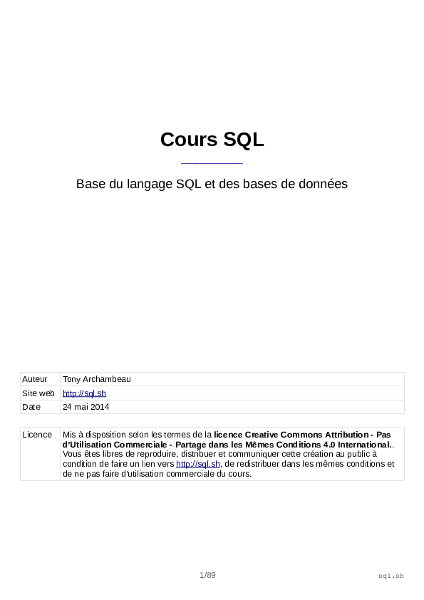 (PDF) Cours SQL _____________ Base du langage SQL et des bases de données Auteur