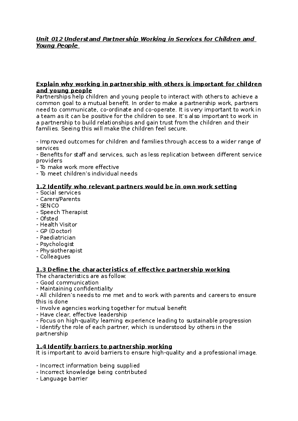 (DOC) Unit 012 Understand Partnership Working in Services for Children ...