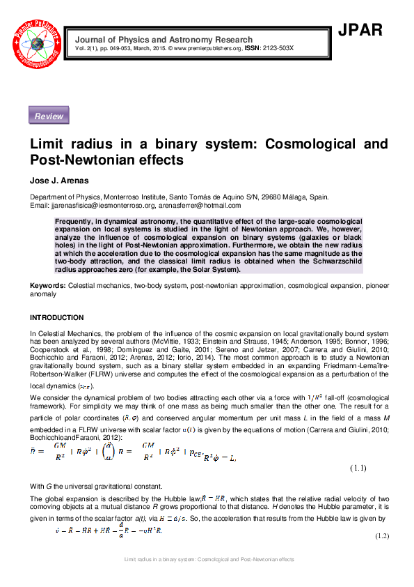 Pdf Limit Radius In A Binary System Cosmological And Post Newtonian