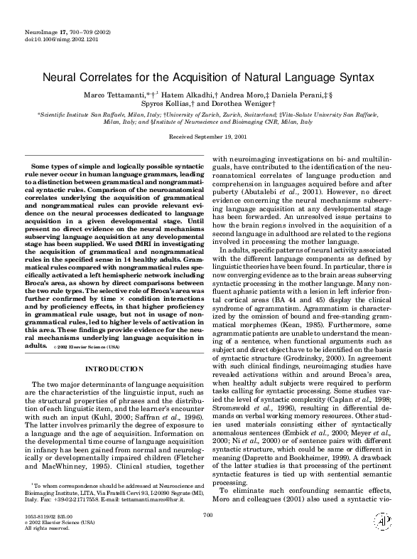 (PDF) Neural Correlates for the Acquisition of Natural Language Syntax