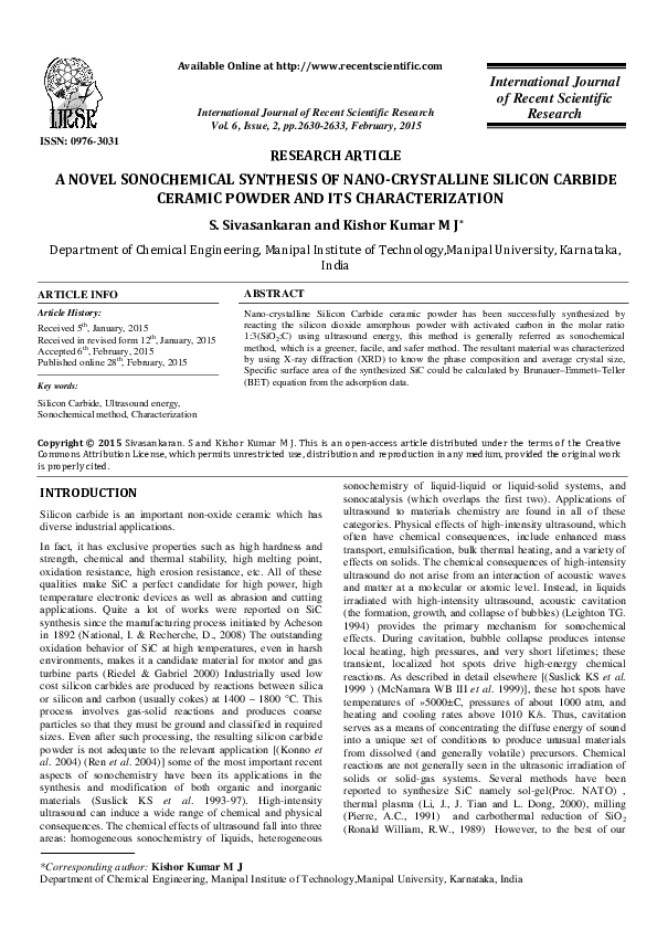 (PDF) A NOVEL SONOCHEMICAL SYNTHESIS OF NANO-CRYSTALLINE SILICON ...