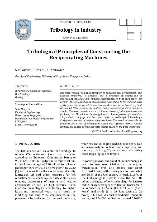 (PDF) Tribology in Industry Tribological Principles of Constructing the Reciprocating Machines