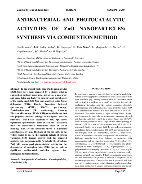 (PDF) ANTIBACTERIAL AND PHOTOCATALYTIC ACTIVITIES OF ZnO NANOPARTICLES: SYNTHESIS VIA COMBUSTION ...