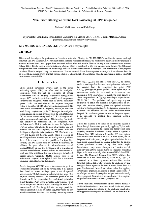 (PDF) Non-Linear Filtering for Precise Point Positioning GPS/INS integration
