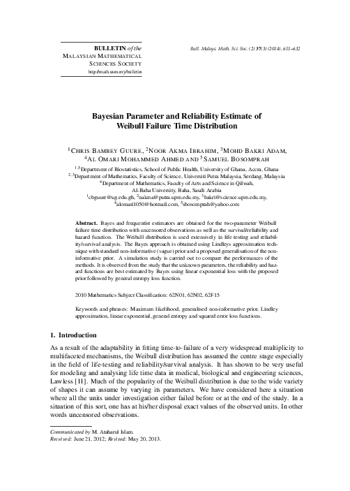 (PDF) Bayesian Parameter and Reliability Estimate of Weibull Failure Time Distribution
