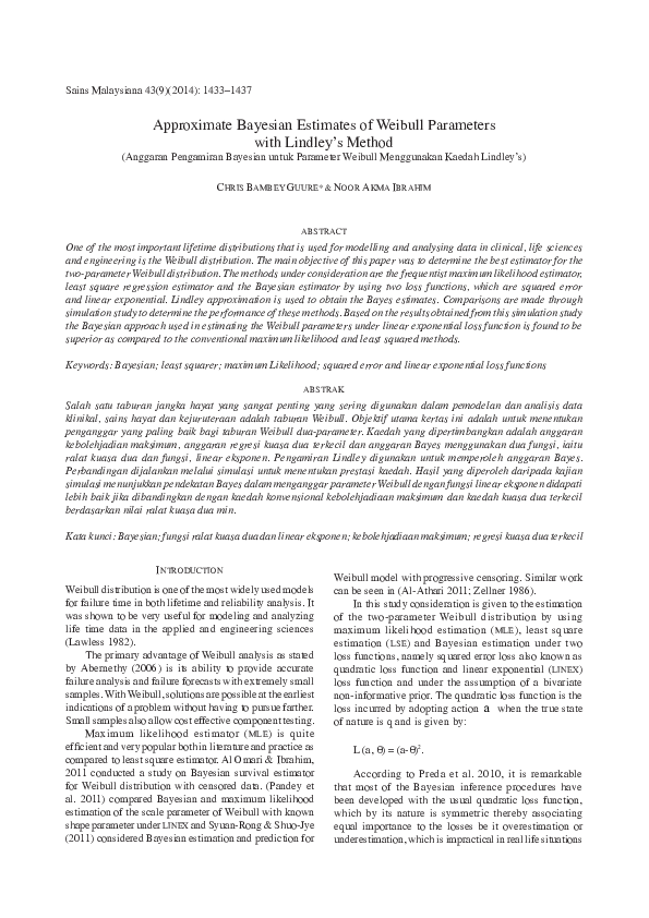 Pdf Approximate Bayesian Estimates Of Weibull Parameters With Lindley