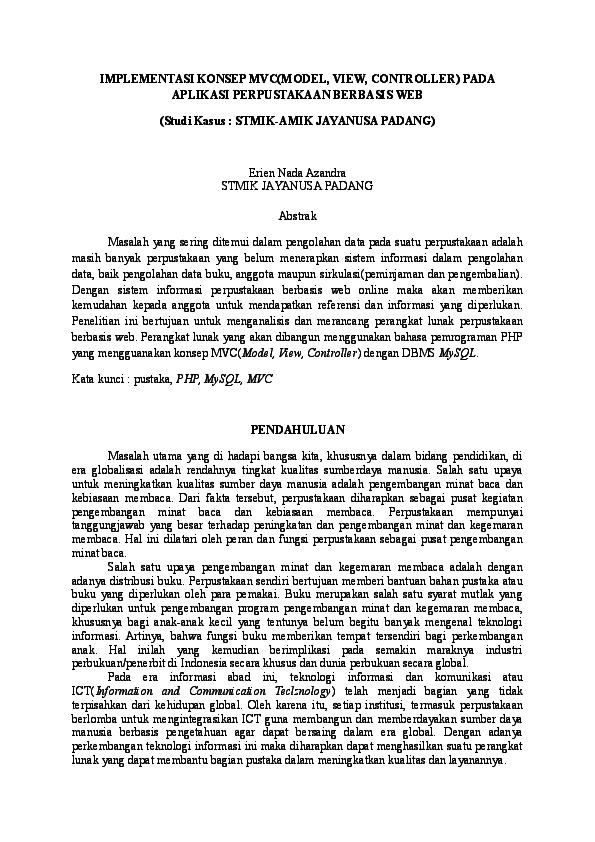 (DOC) IMPLEMENTASI KONSEP MVC(MODEL, VIEW, CONTROLLER) PADA APLIKASI ... (DOC) IMPLEMENTASI KONSEP MVC(MODEL, VIEW, CONTROLLER) PADA APLIKASI ...