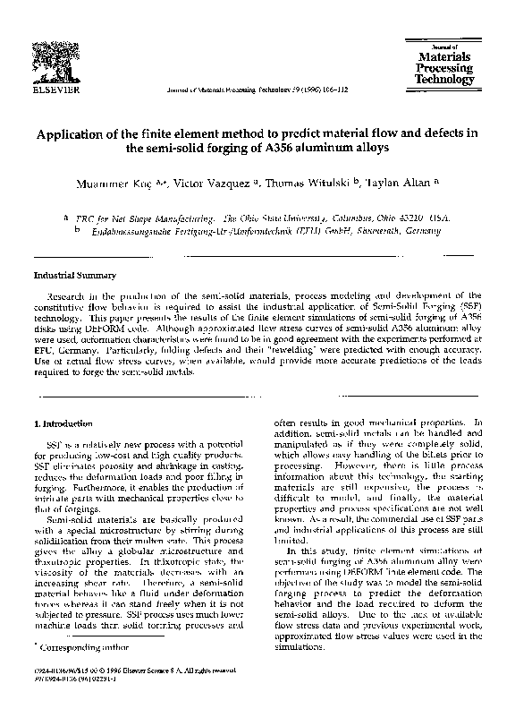 Pdf Application Of The Finite Element Method To Predict Material Flow And Defects In The Semi
