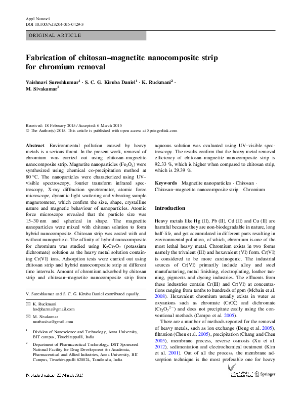 (PDF) Fabrication of chitosan–magnetite nanocomposite strip for chromium removal