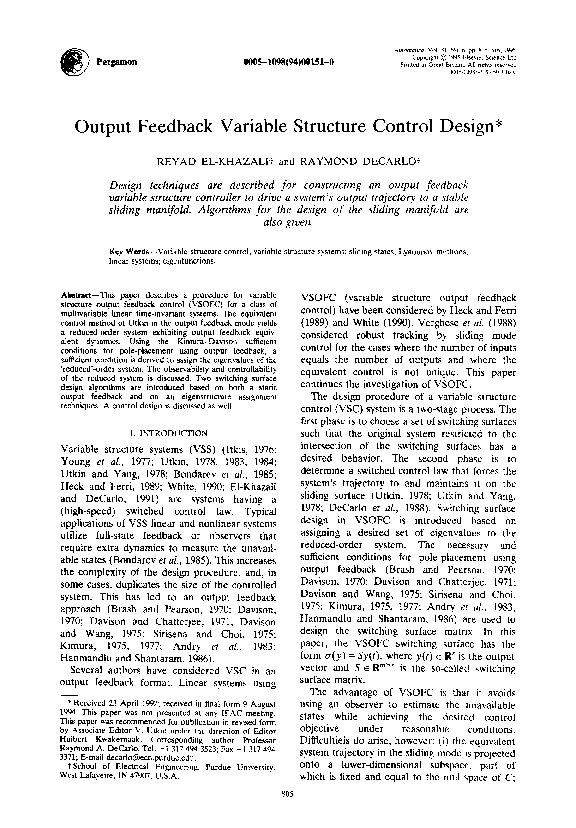 Pdf Variable Structure Output Feedback Control Design