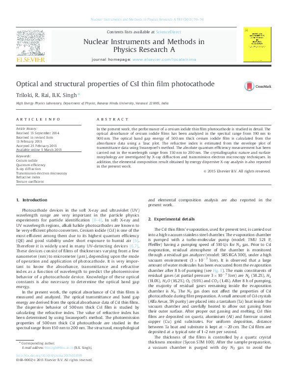 (PDF) Optical and structural properties of CsI thin ﬁlm photocathode