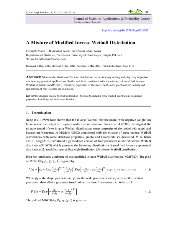 Pdf A Mixture Of Modified Inverse Weibull Distribution Muhammad Nasir