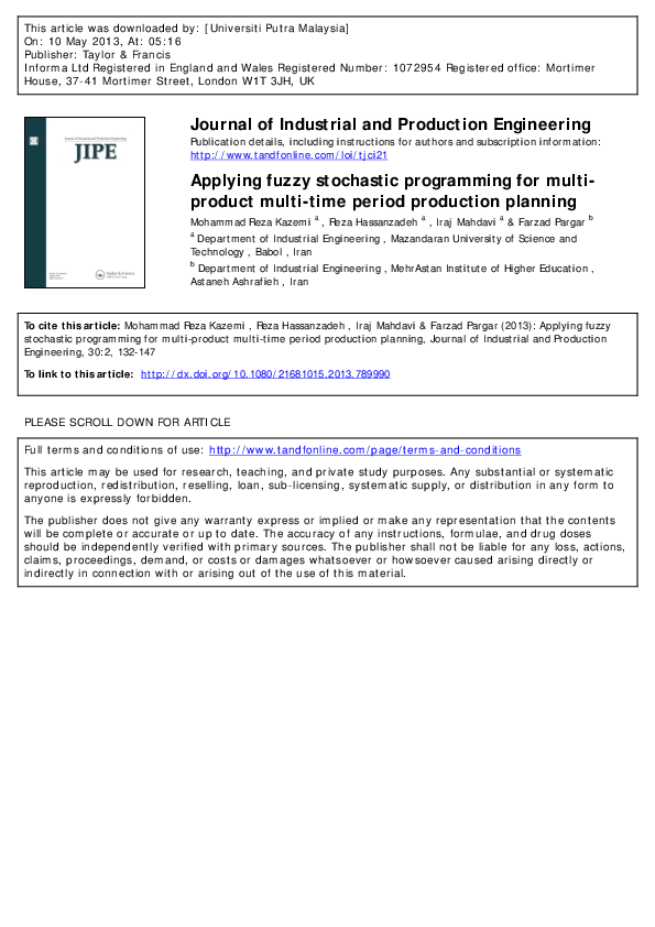 Pdf Applying Fuzzy Stochastic Programming For Multi Product Multi Time Period Production Planning