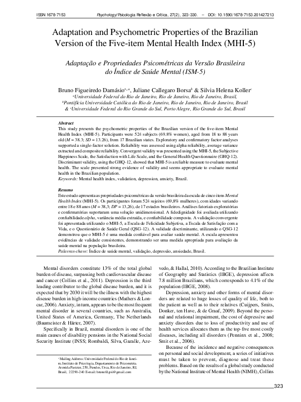 (PDF) Adaptation and Psychometric Properties of the Brazilian Version of the Five-item Mental ...