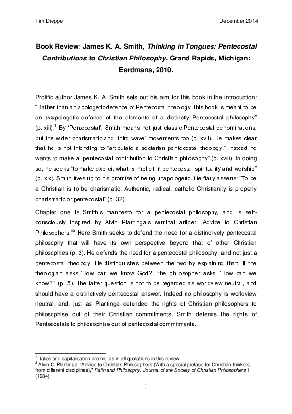 (PDF) Book Review: James K. A. Smith, "Thinking in Tongues: Pentecostal ...
