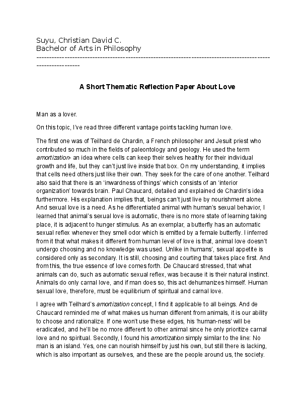 (DOC) Philosophy of Man: A Short Thematic Reflection Paper About Love