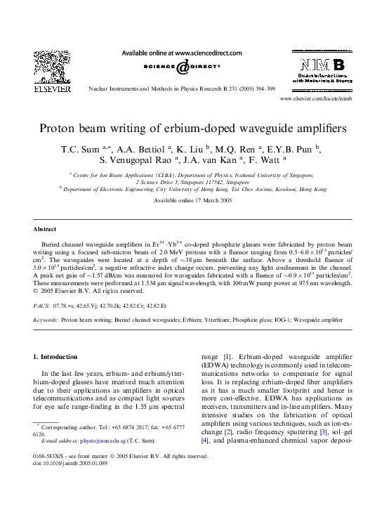 (PDF) Proton beam writing of erbium-doped waveguide amplifiers