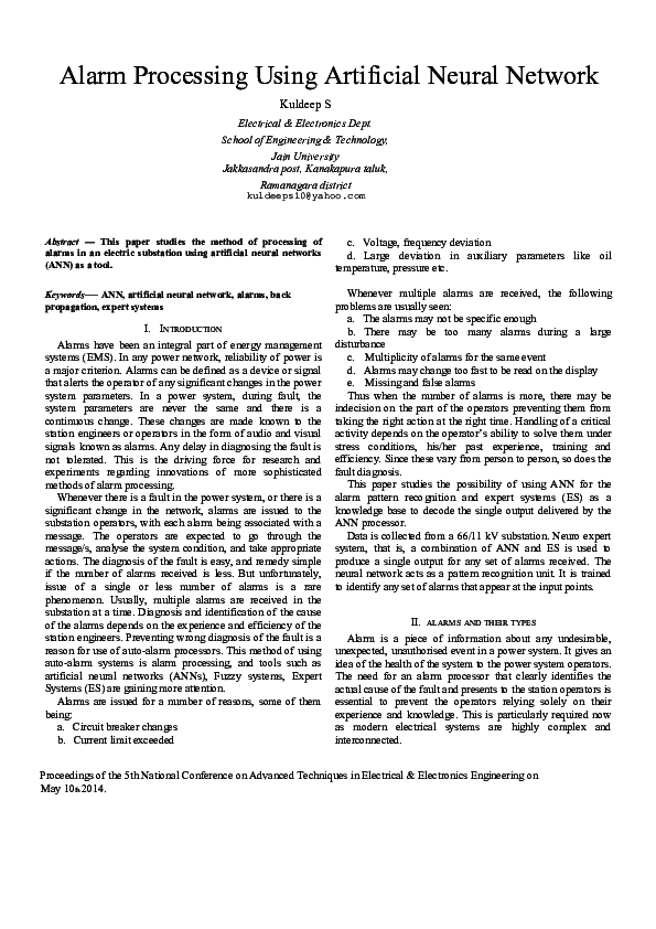 (PDF) Alarm Processing Using Artificial Neural Network