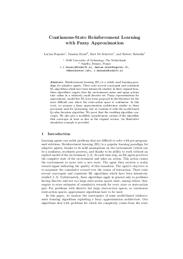 (PDF) Continuous-state reinforcement learning with fuzzy approximation