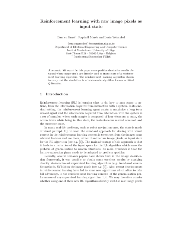 (PDF) Reinforcement learning with raw image pixels as input state