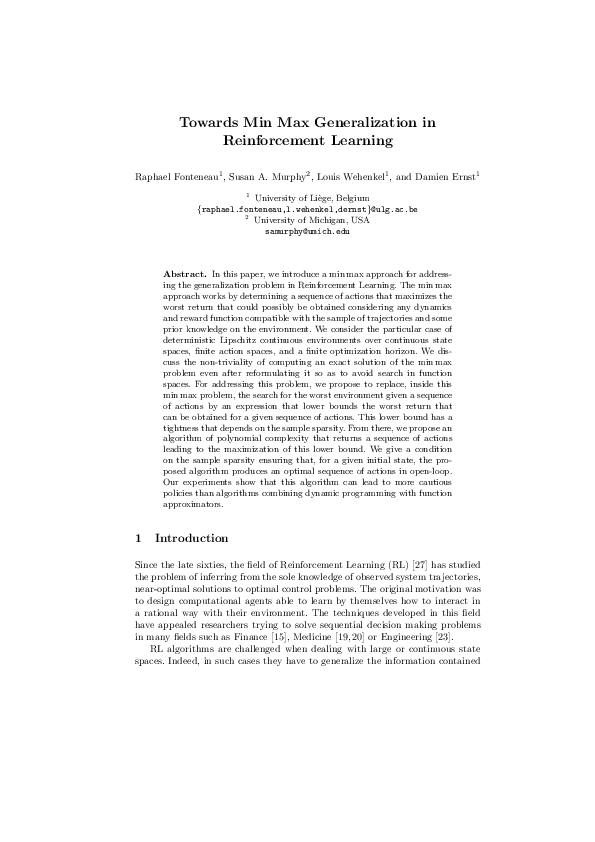 (PDF) Towards min max generalization in reinforcement learning | Damien Ernst - Academia.edu