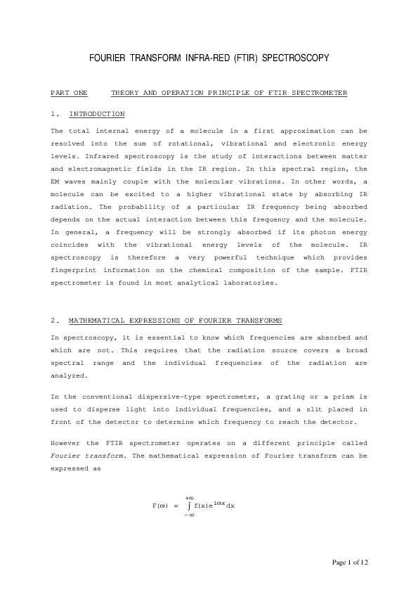 (PDF) FOURIER TRANSFORM INFRA-RED (FTIR) SPECTROSCOPY PART ONE THEORY ...
