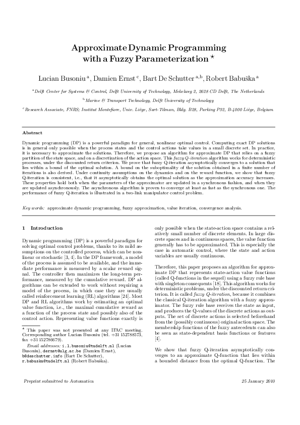 Pdf Approximate Dynamic Programming With A Fuzzy Parameterization