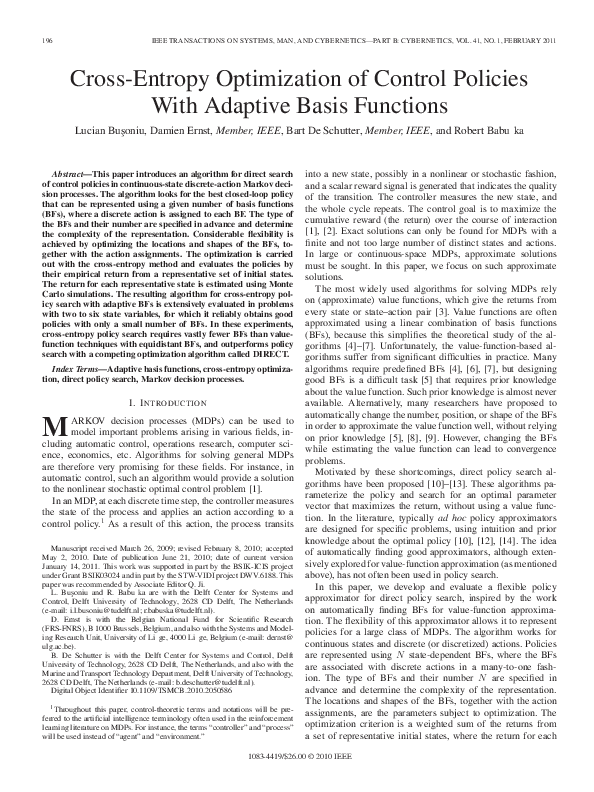 Pdf Cross Entropy Optimization Of Control Policies With Adaptive Basis Functions