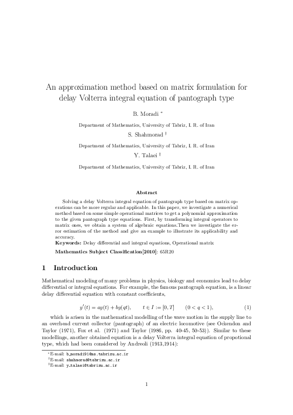 Pdf An Approximation Method Based On Matrix Formulation For Delay Volterra Integral Equation