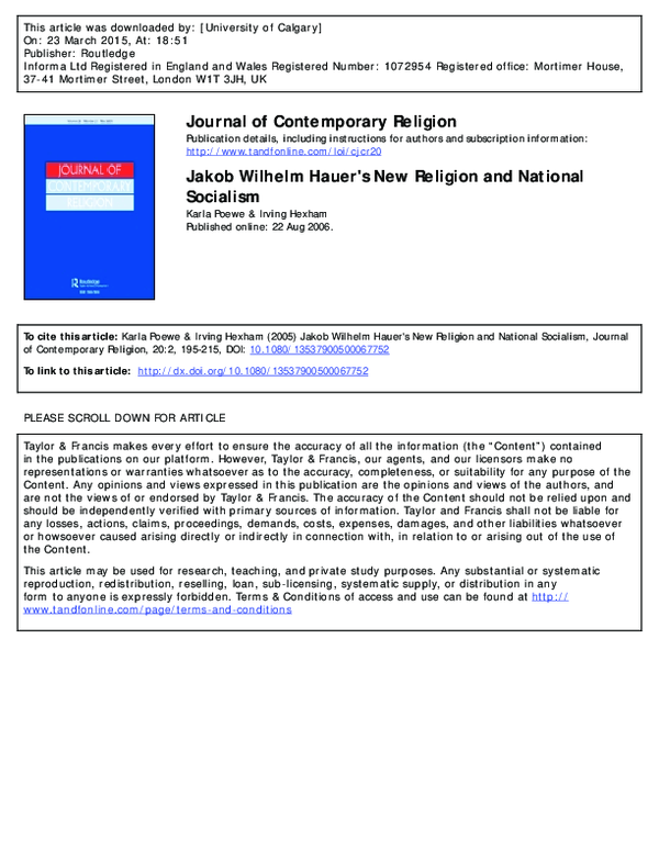 (PDF) Jakob Wilhelm Hauer's New Religion and National Socialism