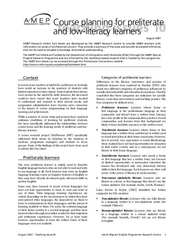 (PDF) teaching issues 10 Course planning for preliterate and low ...