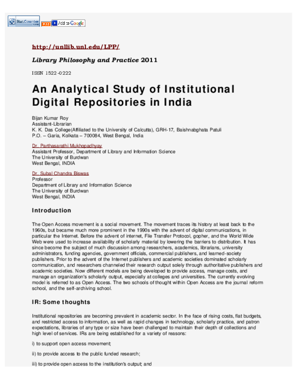 (PDF) An Analytical Study of Institutional Digital Repositories in India