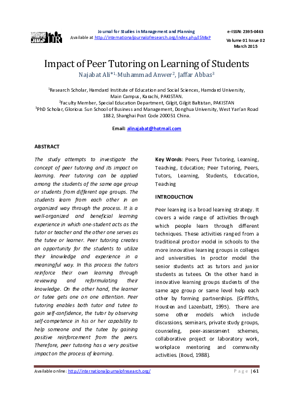 (PDF) Impact of Peer Tutoring on Learning of Students