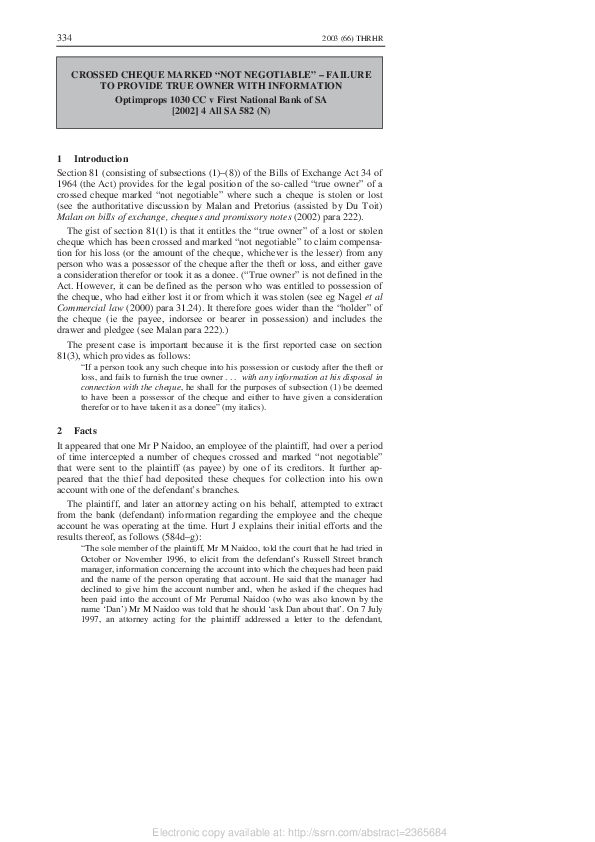 (PDF) Crossed cheque marked “not negotiable” – failure to provide true ...