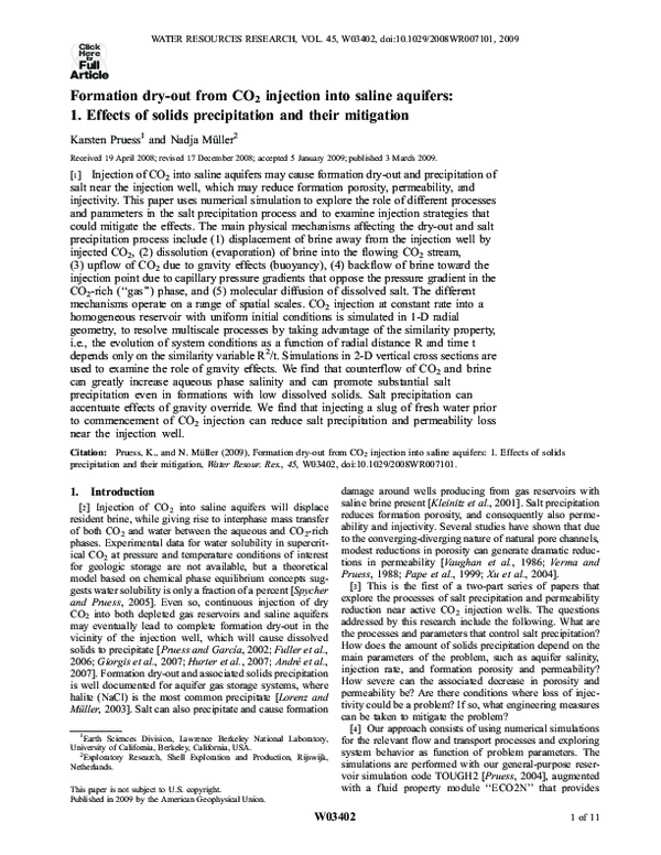 (PDF) Formation dry-out from CO2 injection into saline aquifers: 1 ...