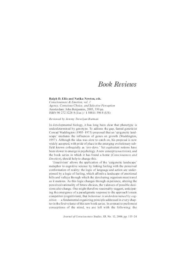 (PDF) [Review of the book Consciousness & Emotion, vol. 1: Agency ...