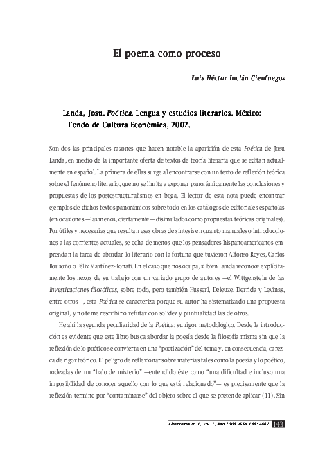 (PDF) El poema como proceso: reseña de Poética, de Josu Landa