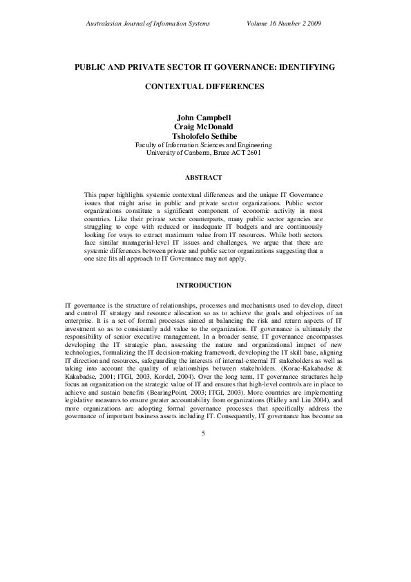 (PDF) Public and Private Sector IT Governance: Identifying Contextual Differences