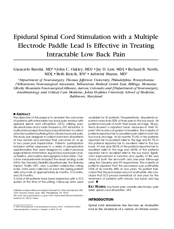 (PDF) Epidural Spinal Cord Stimulation with a Multiple Electrode Paddle ...