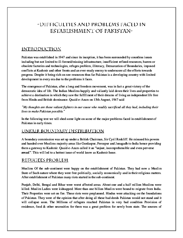 (PDF) Difficulties and problems faced in establishment of Pakistan