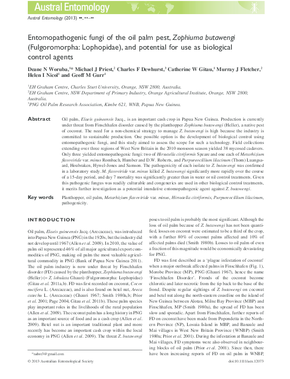 (PDF) Entomopathogenic fungi of the oil palm pest, Zophiuma butawengi (Fulgoromorpha: Lophopidae ...